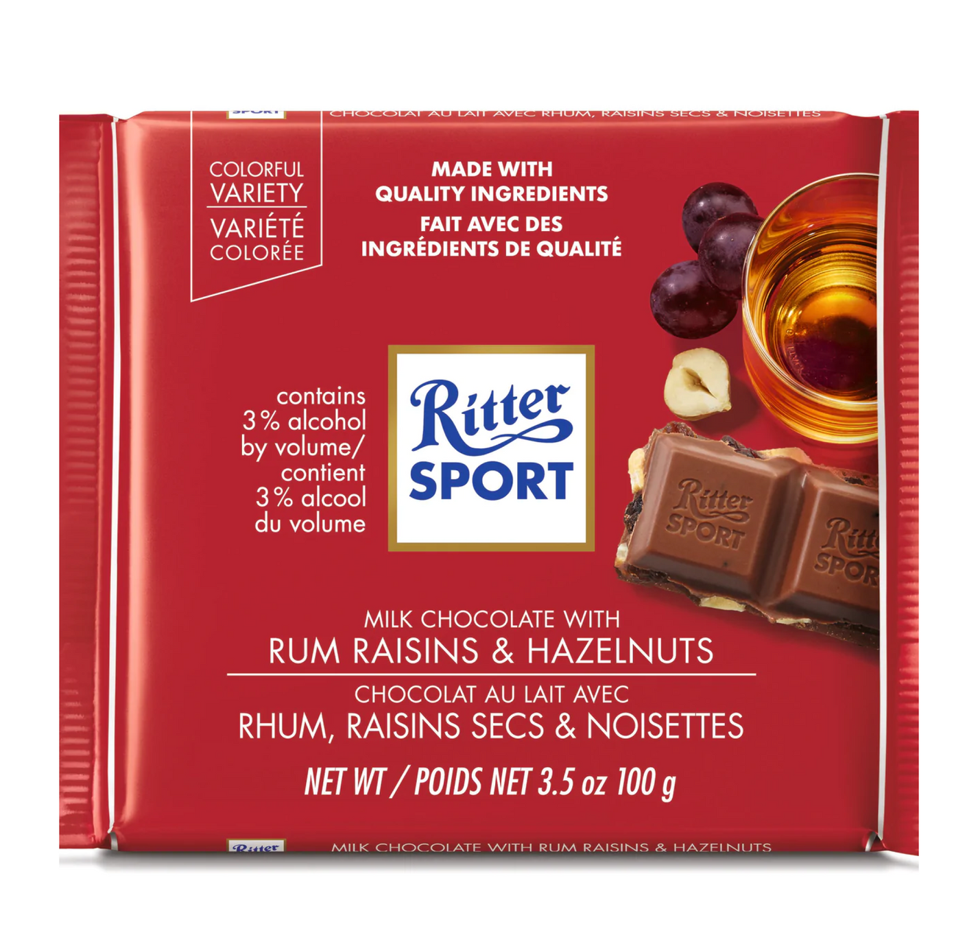 Ritter Sport Milk Chocolate with Rum, Raisins & Hazelnuts 100g – Food ...
