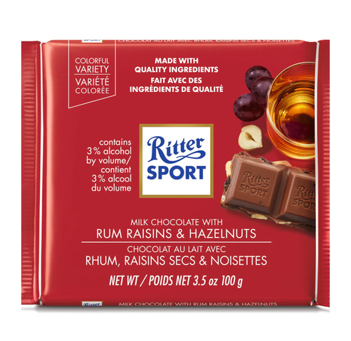 Ritter Sport Milk Chocolate with Rum, Raisins & Hazelnuts 100g – Food ...